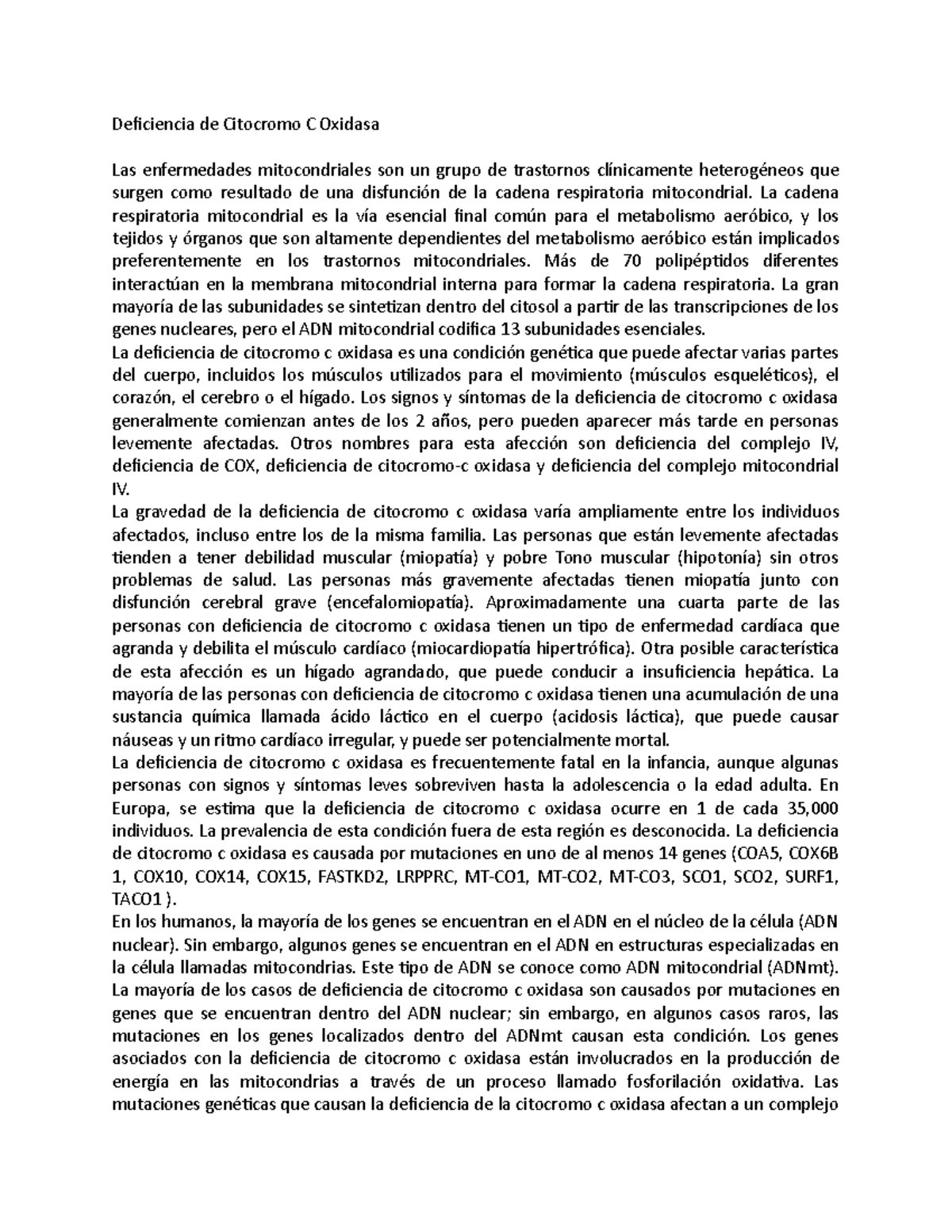 Deficiencia de Citocromo C Oxidasa - La cadena respiratoria ...