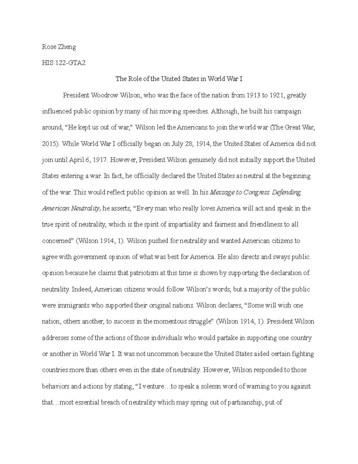 World War I - WWI essay - Rose Zheng HIS 122-GTA The Role of the United ...