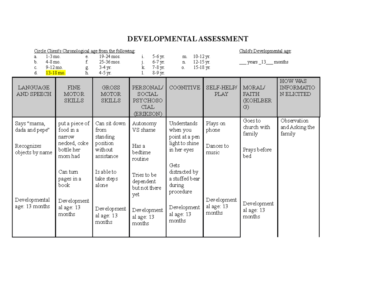 Developmental tool-1-3 for peds - DEVELOPMENTAL ASSESSMENT Circle ...