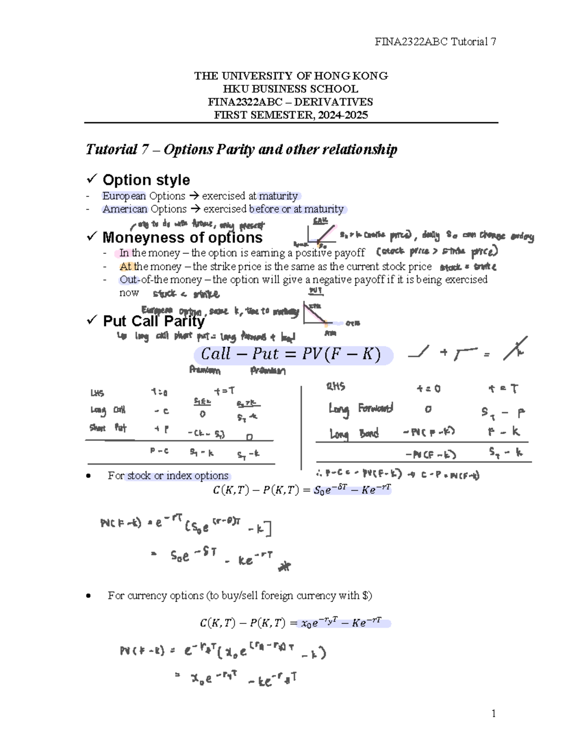 FINA2322 ABC 2024 Tutorial 7 - ####### THE UNIVERSITY OF HONG KONG ...
