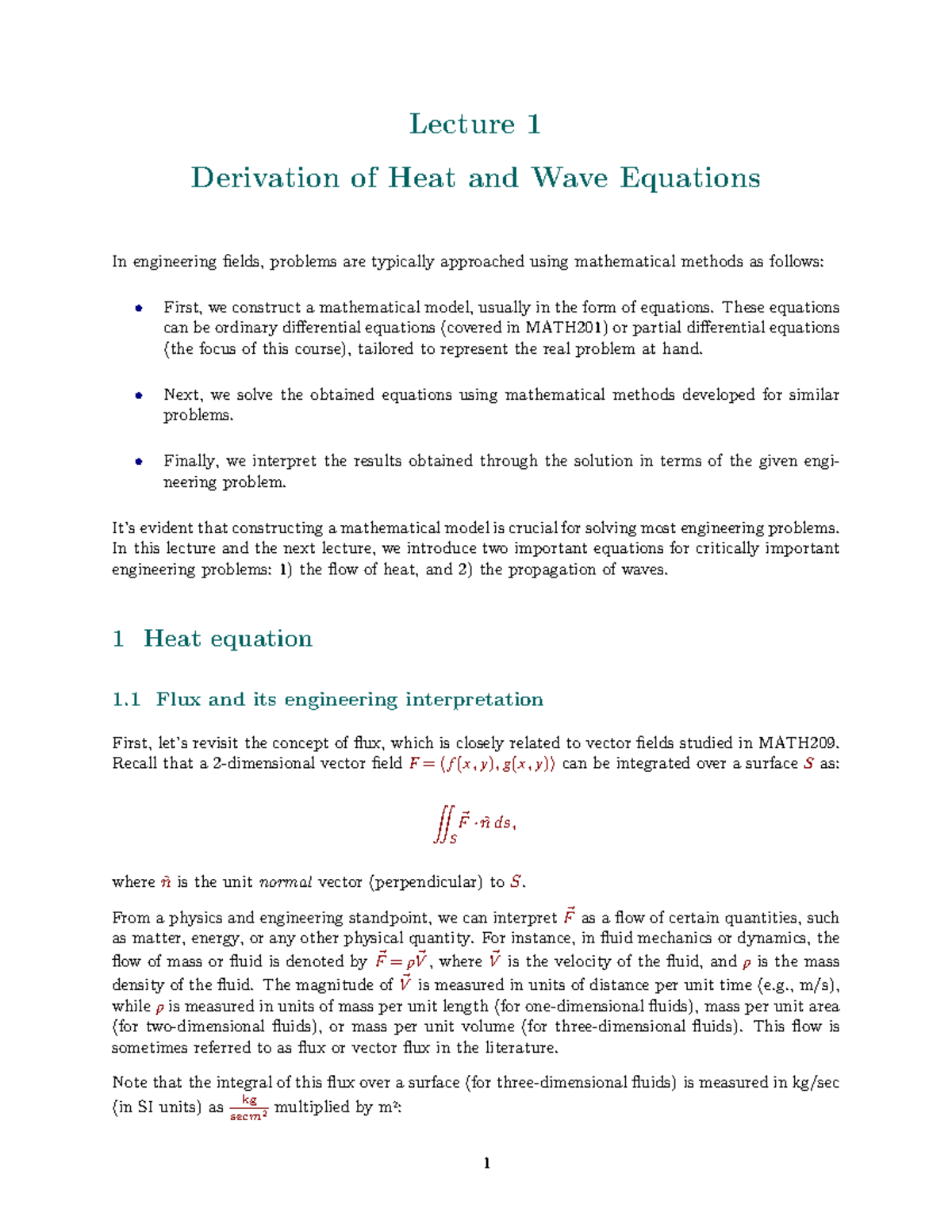 Lect1 - Introduction - Lecture 1 Derivation of Heat and Wave Equations ...