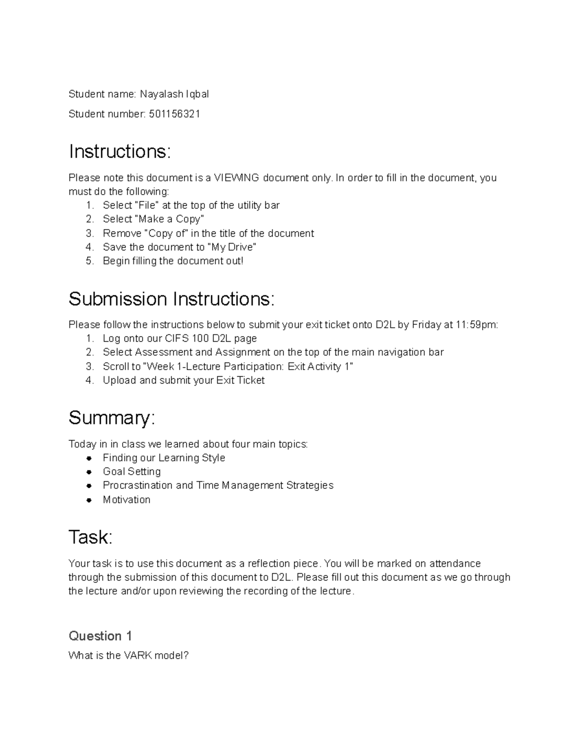 Week 2 Exit Ticket - Notes - Student name: Nayalash Iqbal Student ...