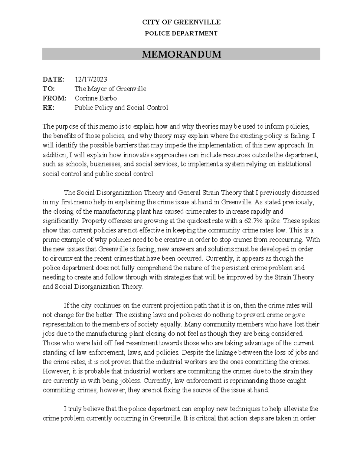 CJ 306 Project Three - Coursework for CJ 306 - CITY OF GREENVILLE ...