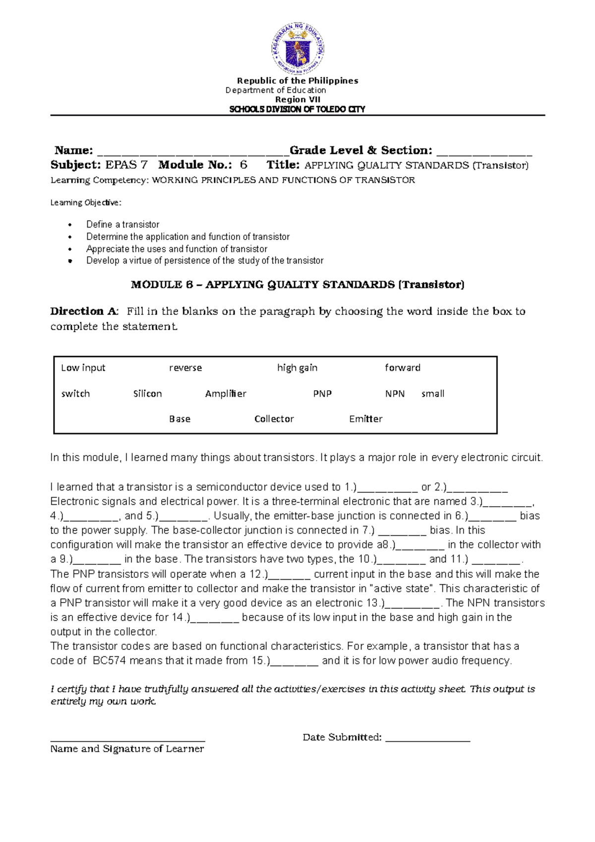 Activity Sheet in Electronics Product Assemmbly - Major in Electronics ...