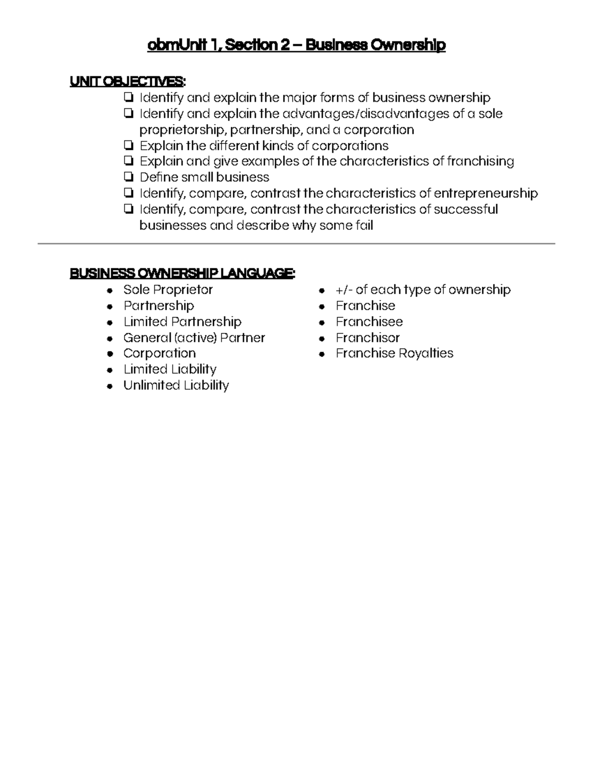 Mir Khan - 2-Business Ownership Student Notes - obmUnit 1, Section 2 ...
