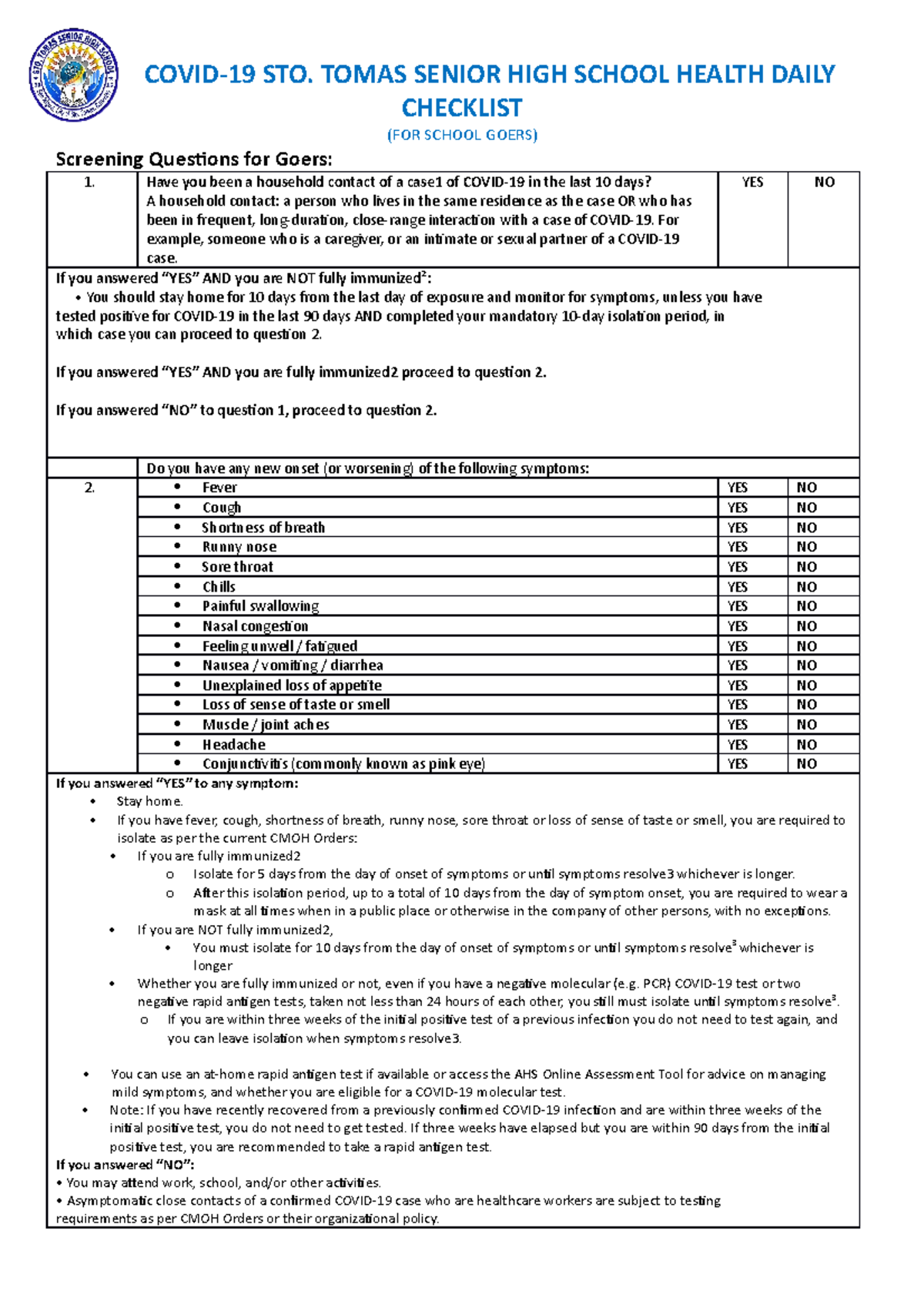 STSHS COVID 19 Health Daily Checklist - COVID-19 STO. TOMAS SENIOR HIGH ...