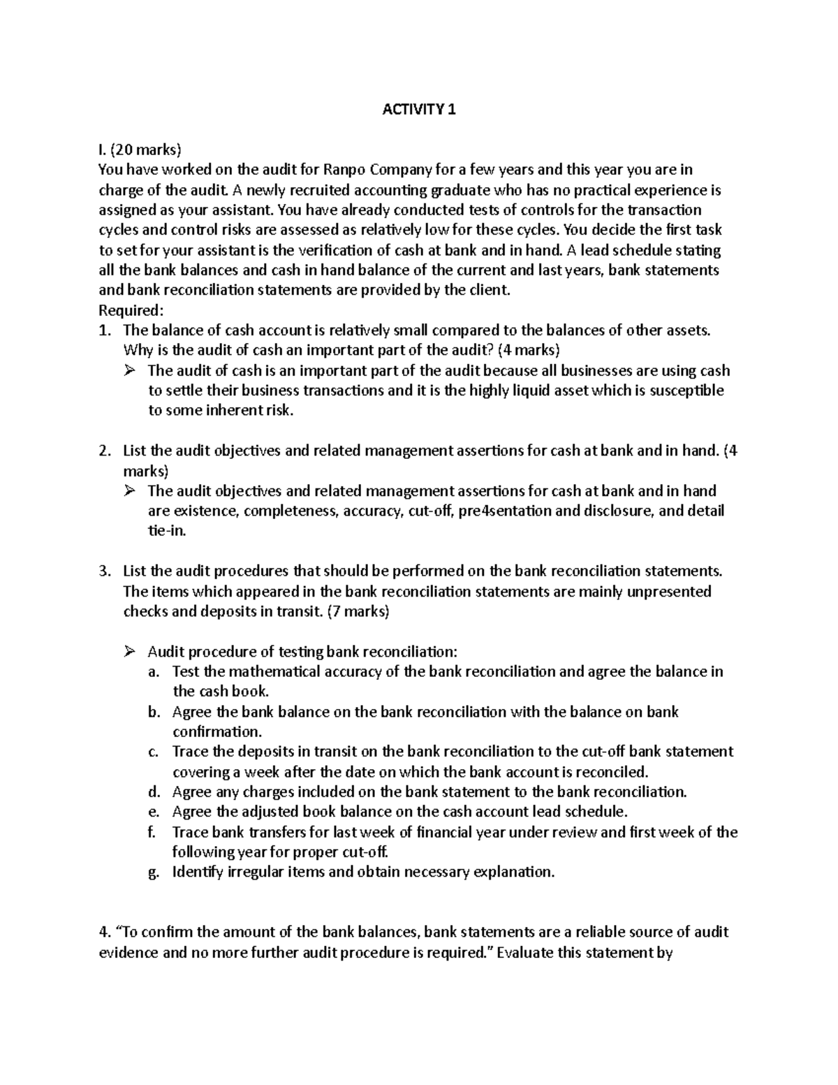 Auditing - Assignment solution - ACTIVITY 1 I. (20 marks) You have ...