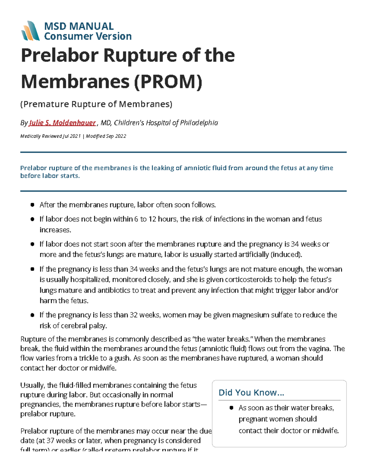 Prelabor Rupture of the Membranes (PROM) - Women's Health Issues - MSD ...