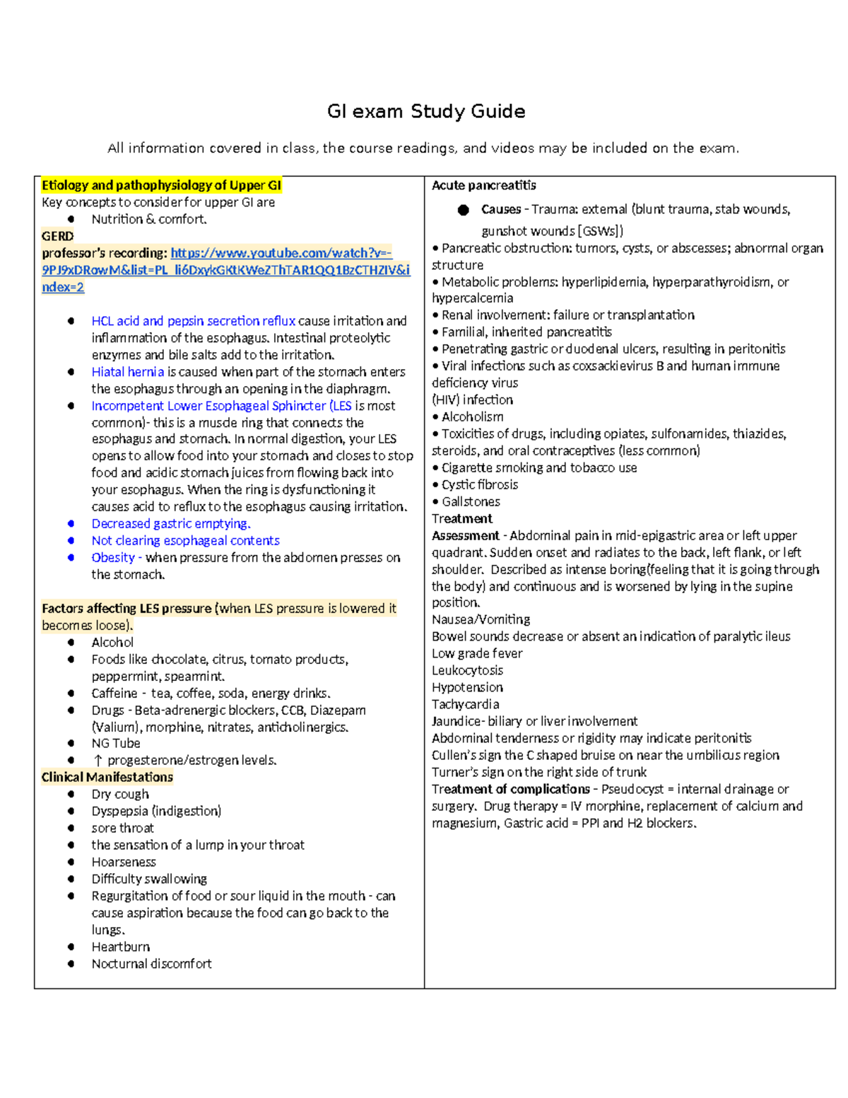 Study guide GI exam - Course work - GI exam Study Guide All information ...