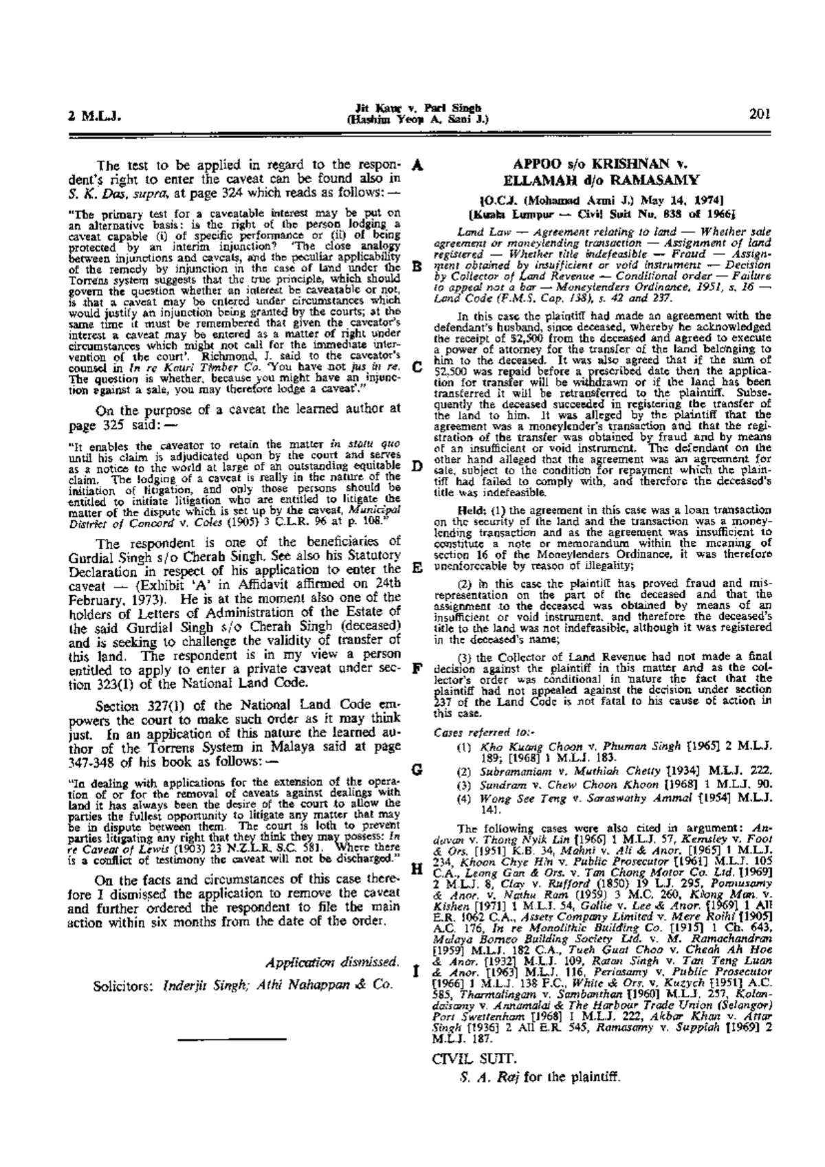 Appoo SO Krishnan v Ellamah DO Ramasamy - Land Law II - Studocu