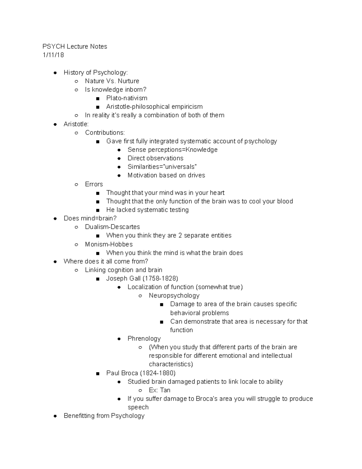 PSY Lecture - full semester - PSYCH Lecture Notes 1/11/18 History of ...