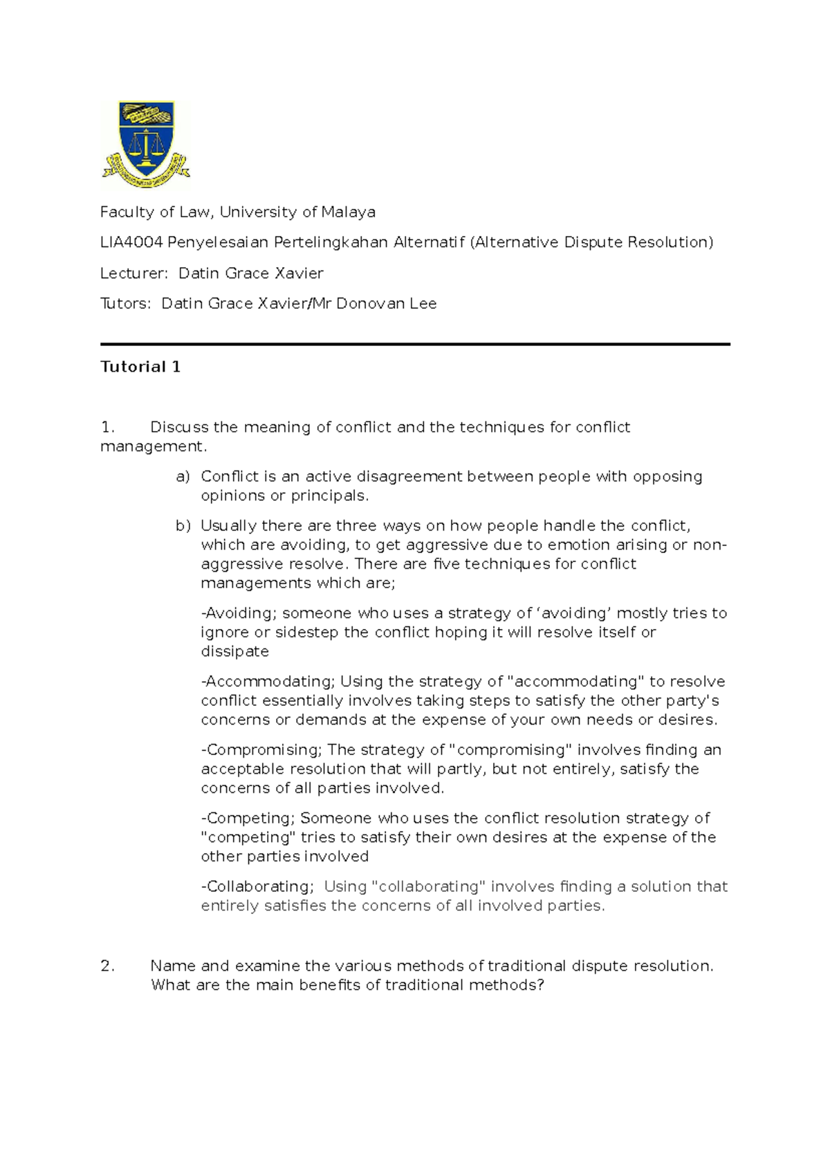 Alternative Dispute Resolution (ADR) Tutorial 1 - Faculty of Law ...