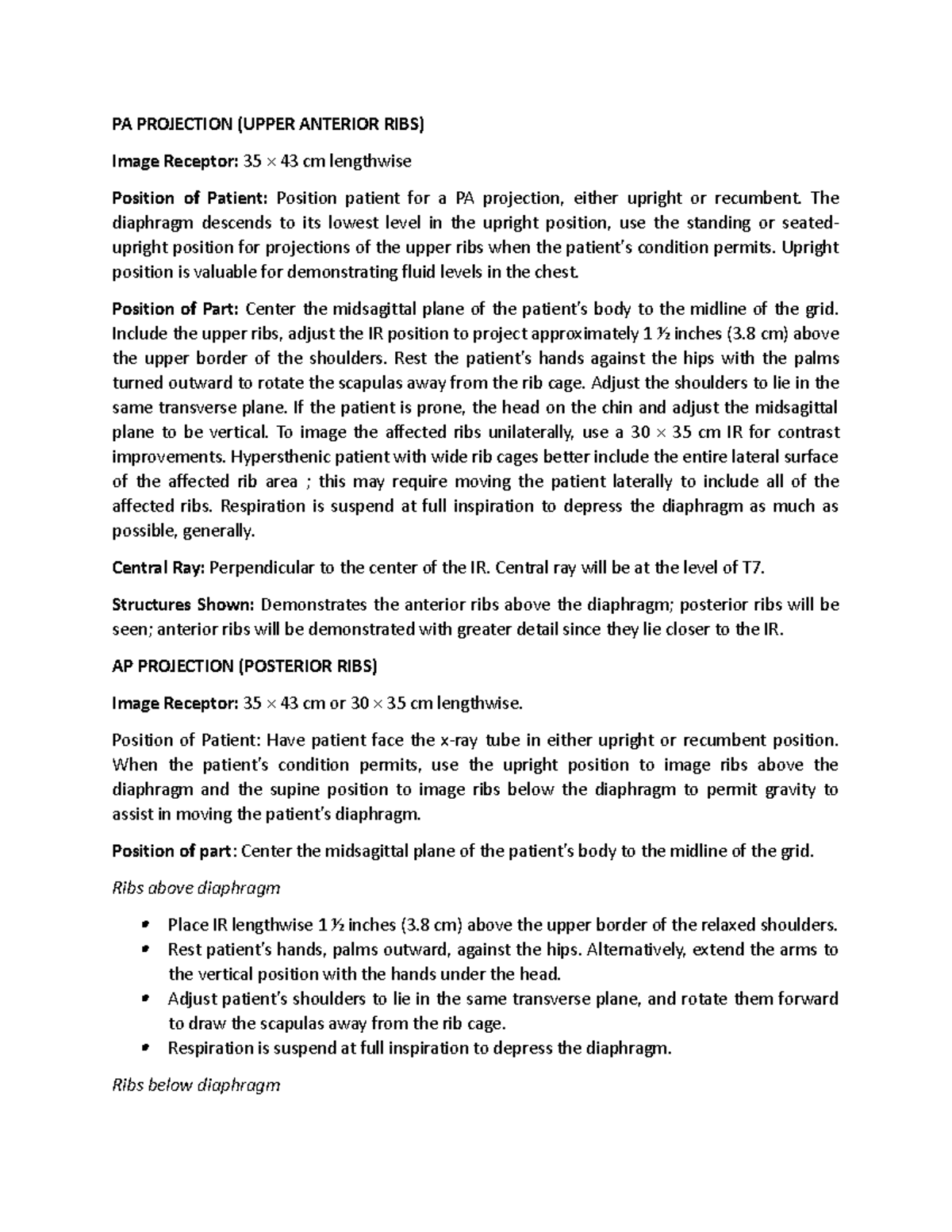 Thoracic - Notes - PA PROJECTION (UPPER ANTERIOR RIBS) Image Receptor ...