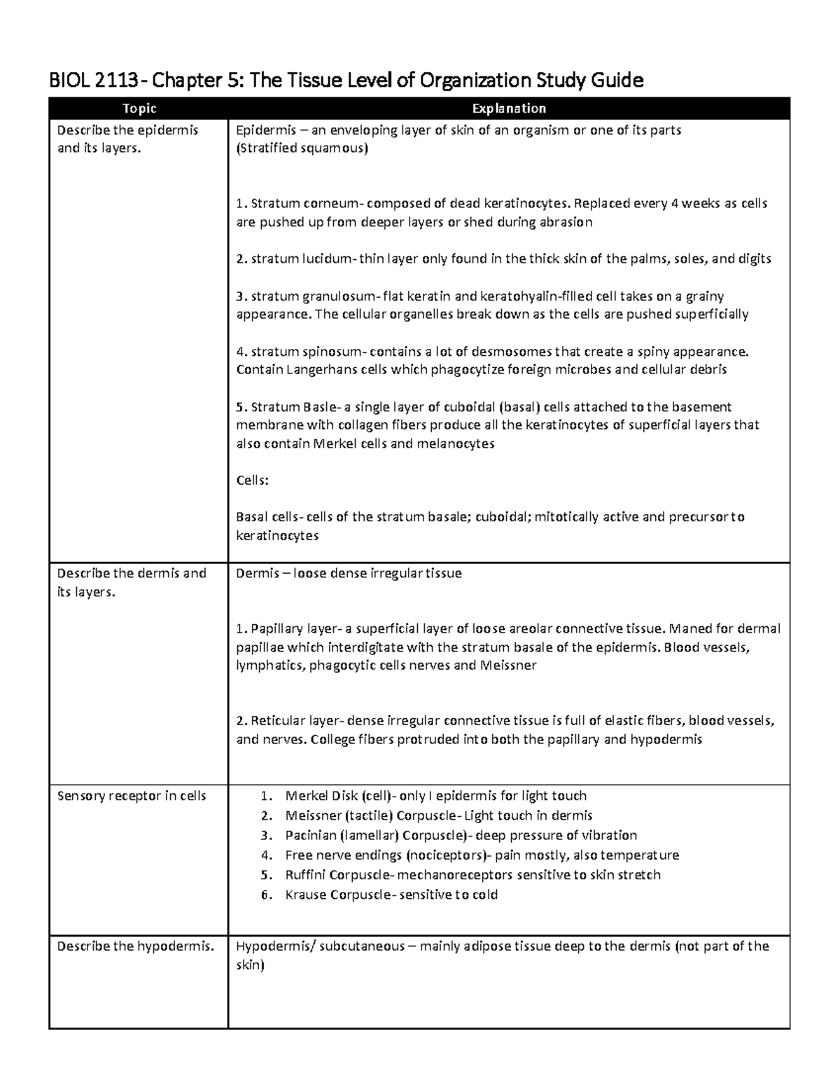 Chapter 5 - BIOL 2113 - Chapter 5 : The Tissue Level of Organization Study Guide Topic ...