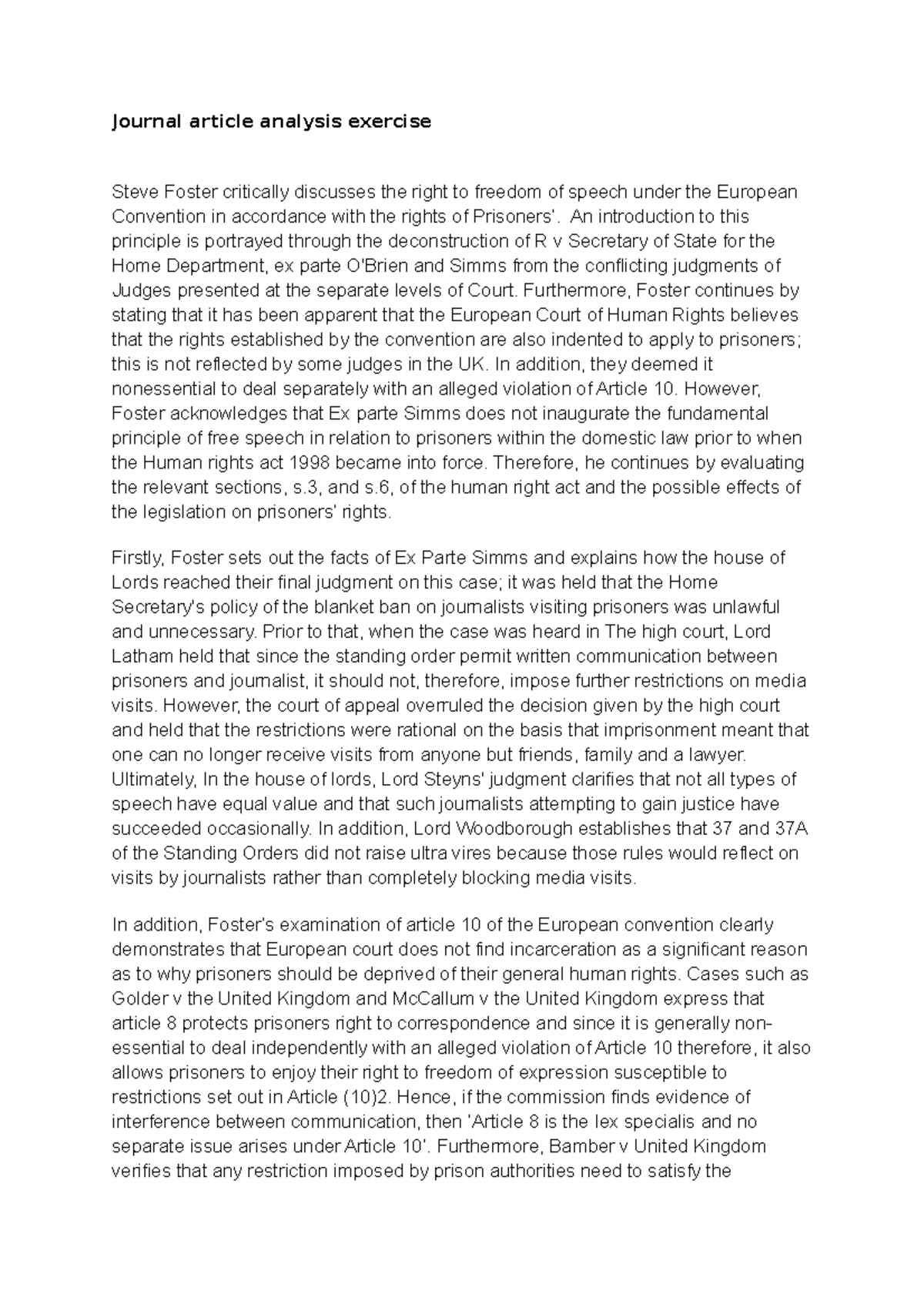 Journal analysis LS essay - Journal article analysis exercise Steve ...