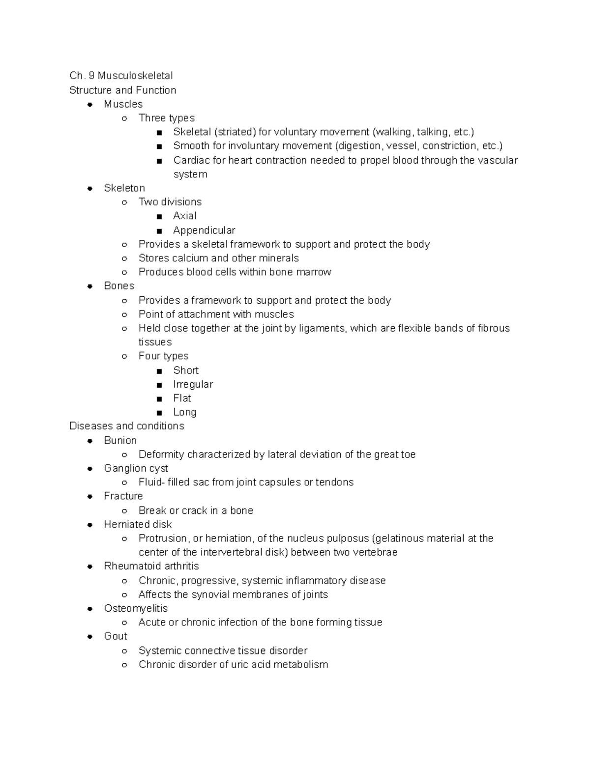 Ch. 9 Musculoskeletal - notes - Ch. 9 Musculoskeletal Structure and ...
