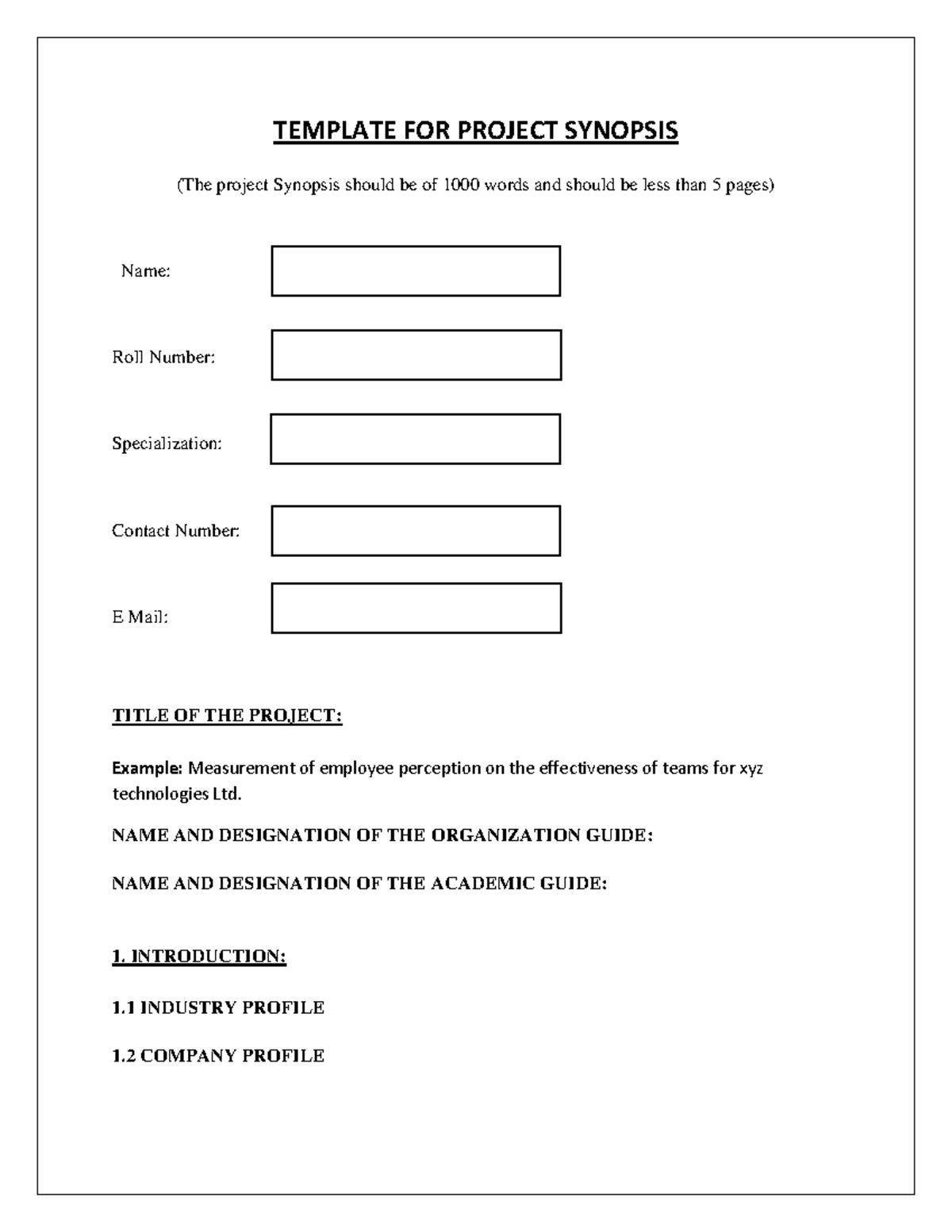 6 Project Synopsis Template FOR MBA TEMPLATE FOR PROJECT SYNOPSIS
