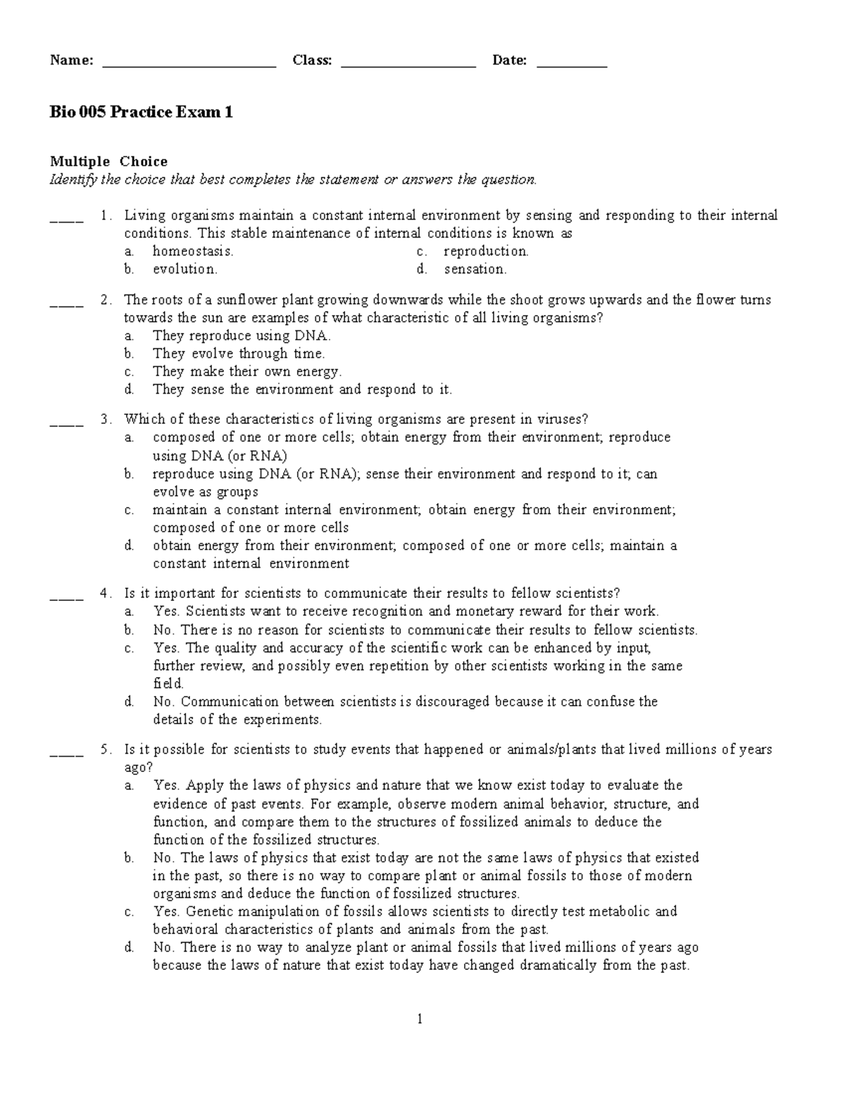 Bio 5 Practice Exam 1 - Professor Debra Conte - Name ...