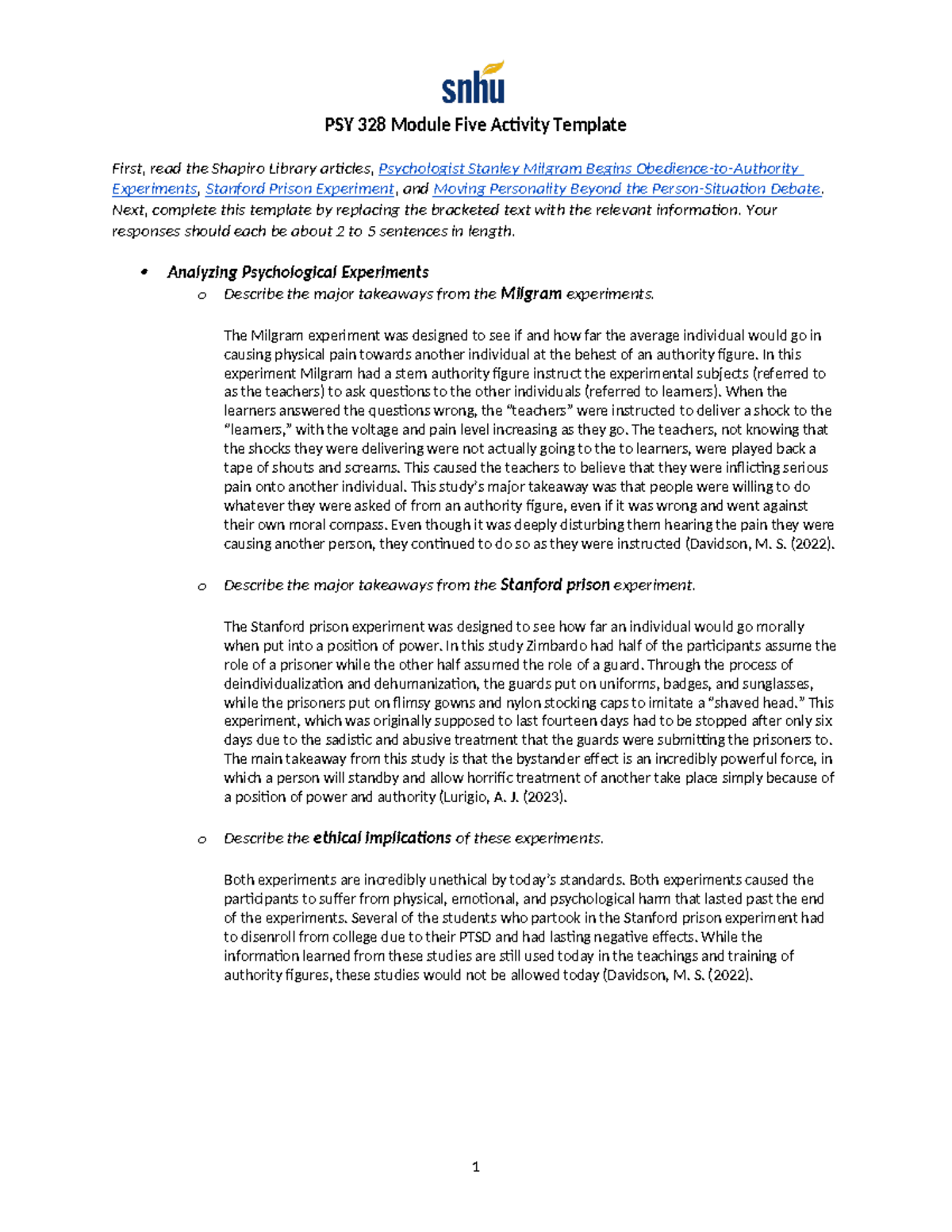 PSY 328 Module Five Activity Completed - PSY 328 Module Five Activity Template First, read the ...