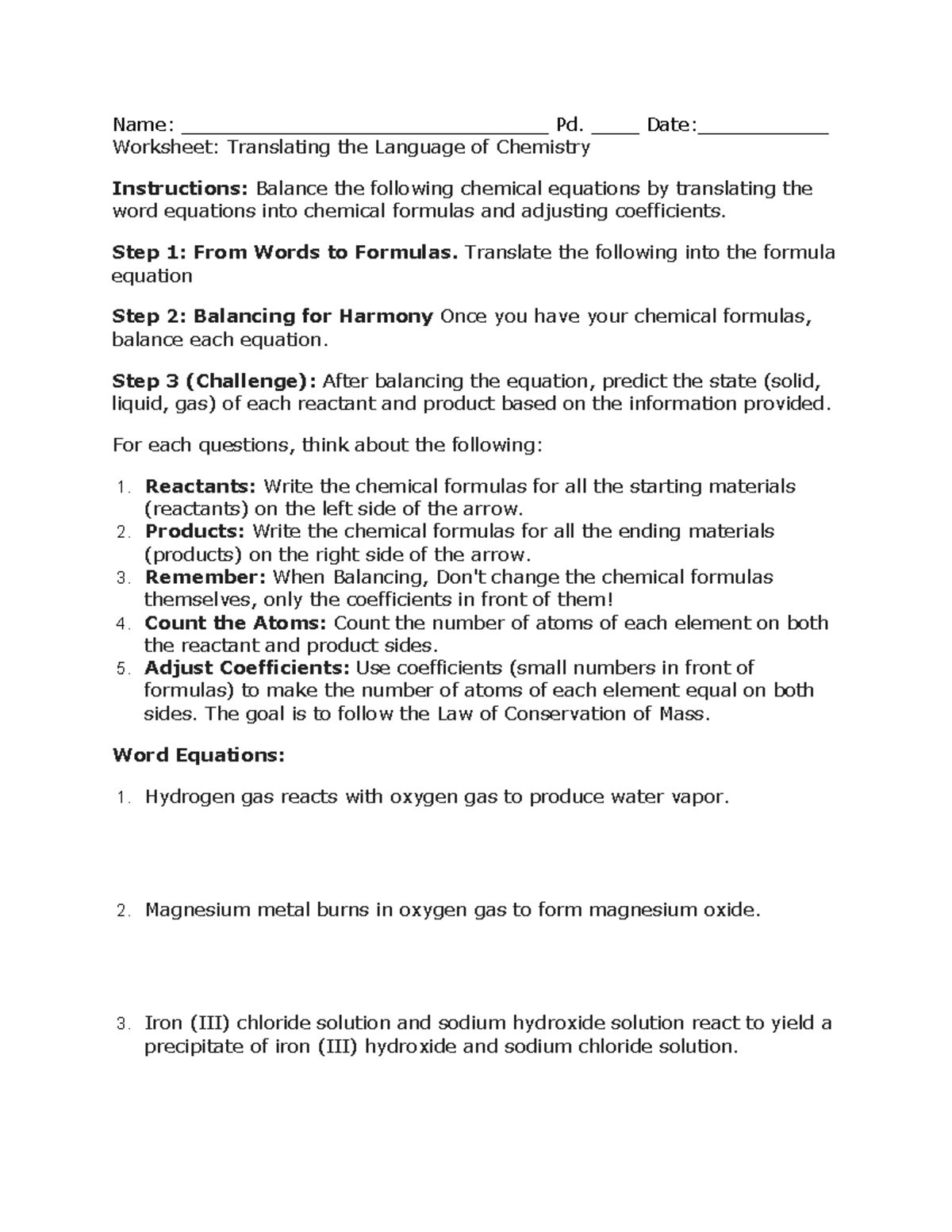 Copy of Worksheet: Translating the Language of Chemistry - Name