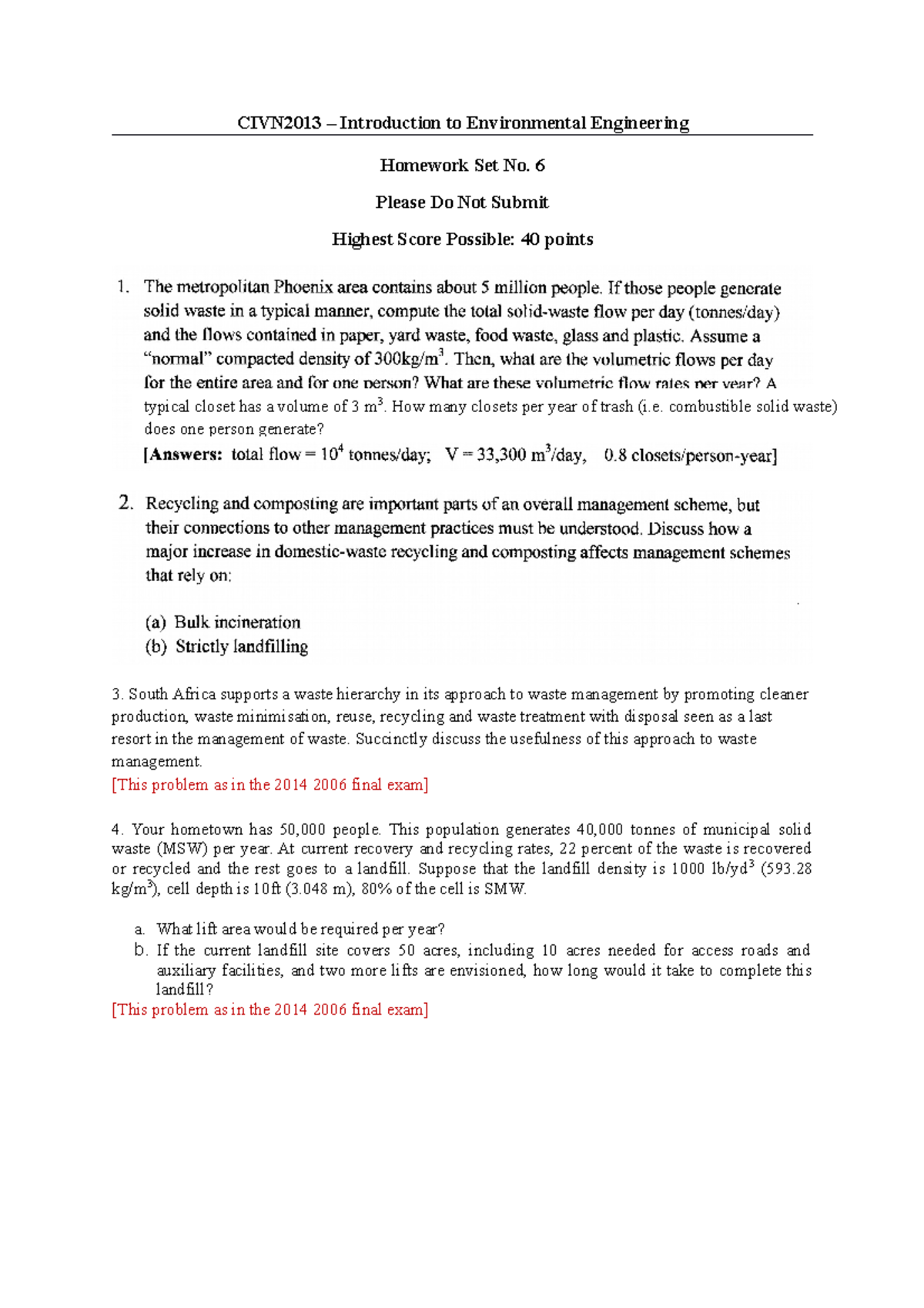 HW6 Problem Statements - CIVN2013 – Introduction to Environmental Engineering Homework Set No. 6 ...