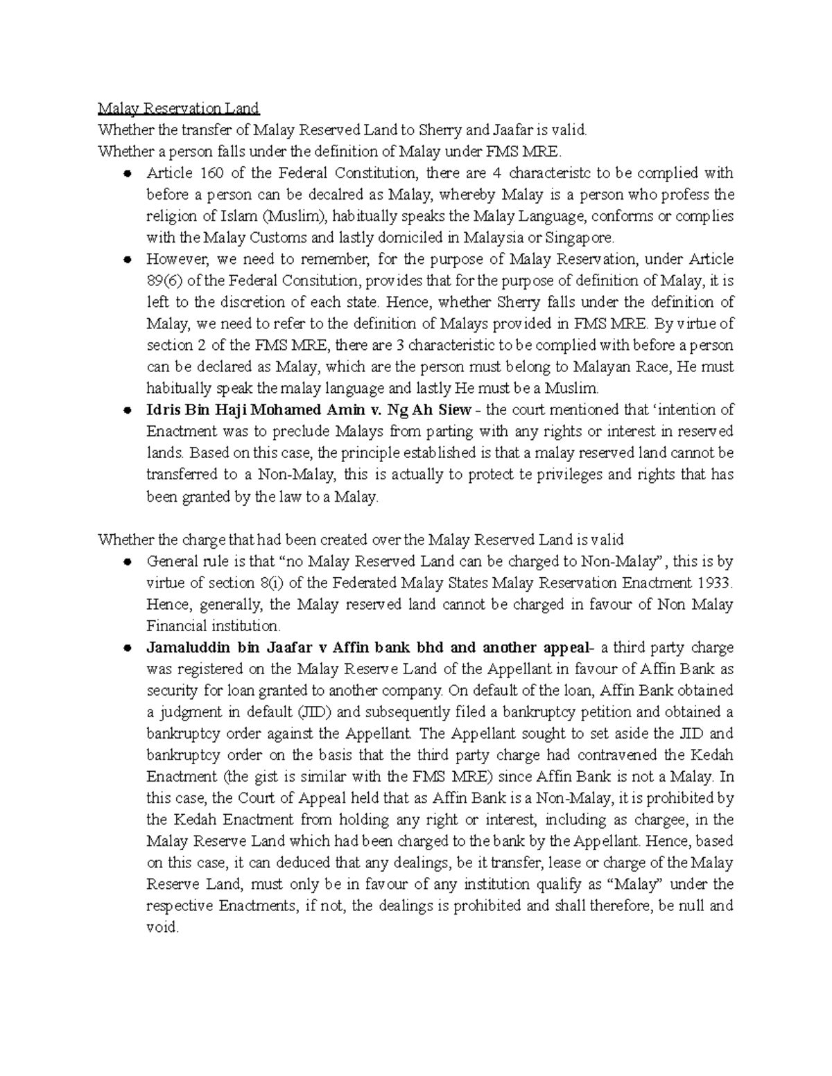 Final Note - gooodddd - Malay Reservation Land Whether the transfer of Malay Reserved Land to ...