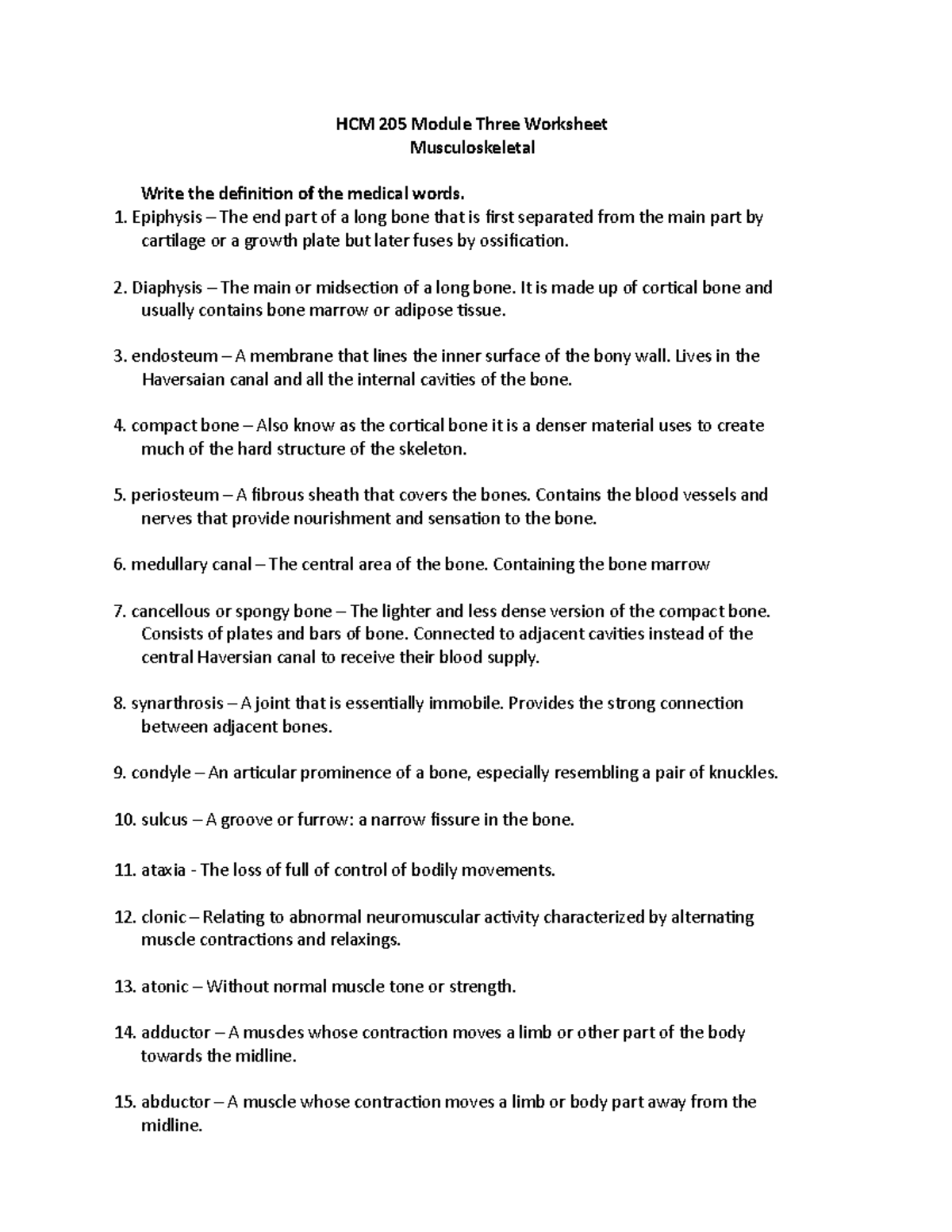 205 module 3 redo - HCM 205 Module Three Worksheet Musculoskeletal ...