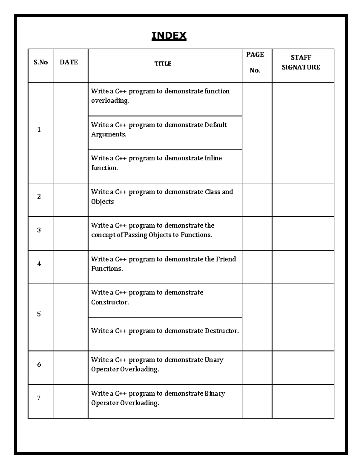 Print - syllabus oriented - INDEX S DATE TITLE PAGE No. STAFF SIGNATURE 1 Write a C++ program to ...