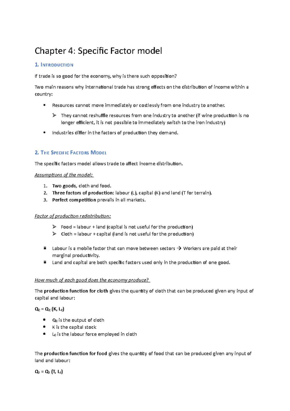 International econ. chap 4 - Chapter 4: Specific Factor model 1 ...