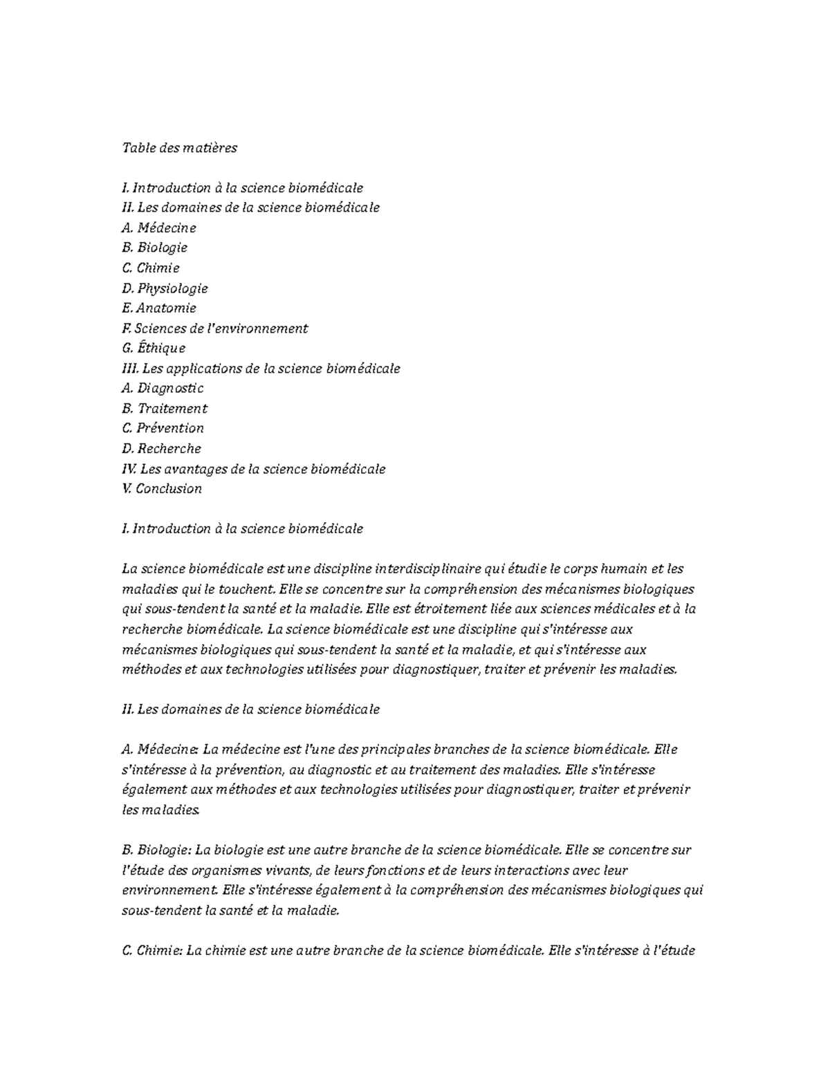 Biomedical Sciences Study Notes - Table des matières I. Introduction à ...