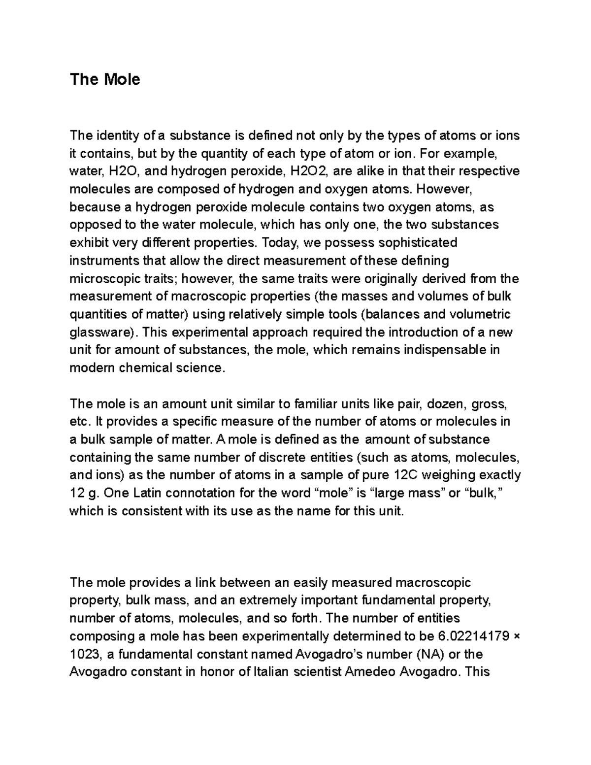 The Mole - Lecture notes 4 - The Mole The identity of a substance is ...