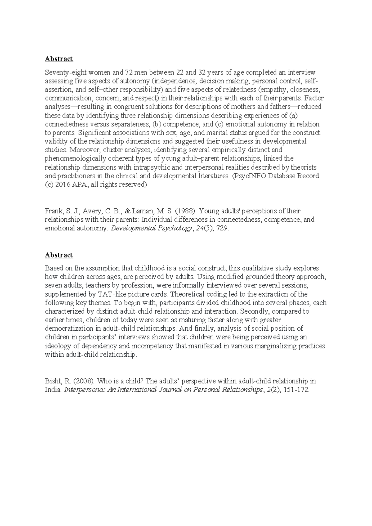 Developmental Psychology Assignment - Abstract Seventy-eight women and ...