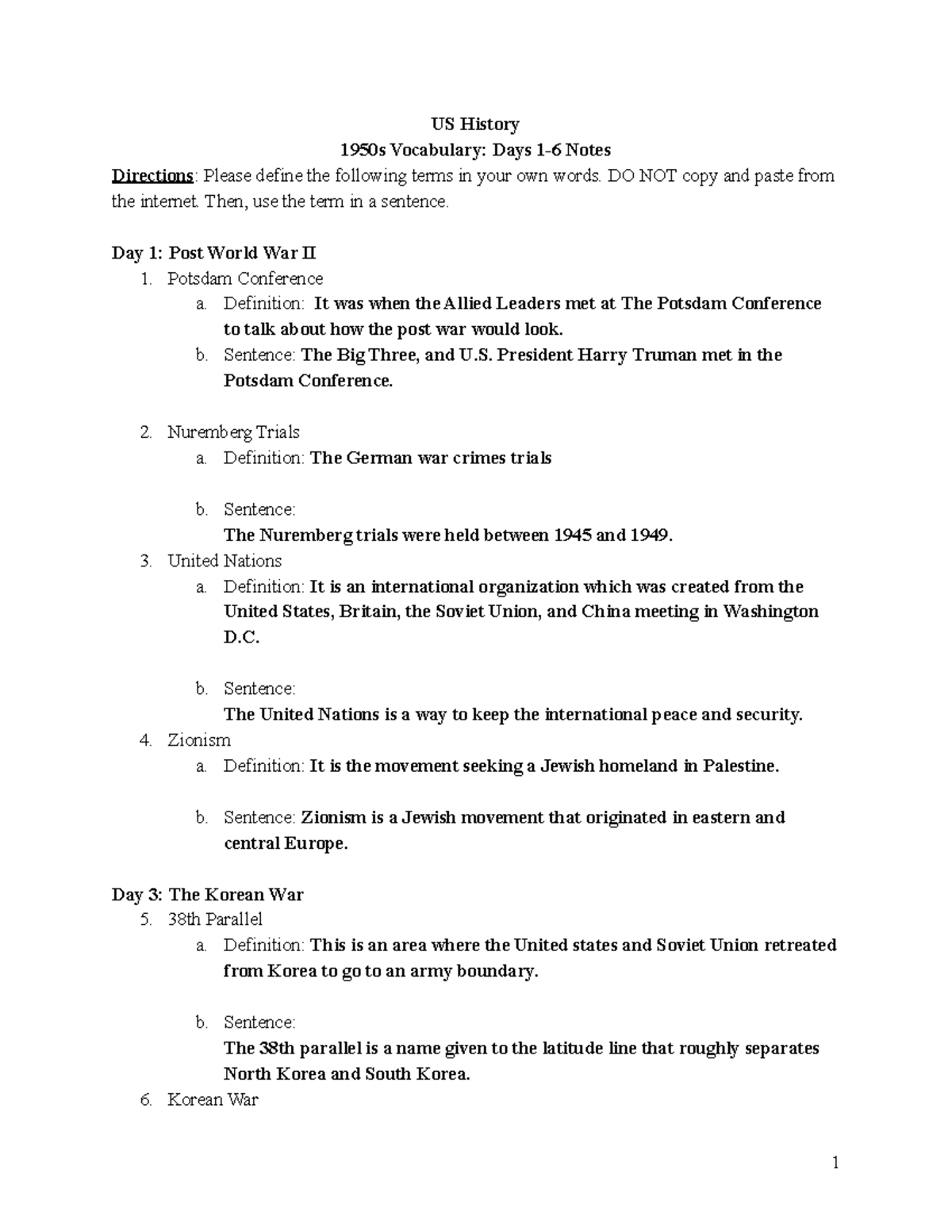 1950s Vocab Review, Cindy - US History 1950s Vocabulary: Days 1-6 Notes ...