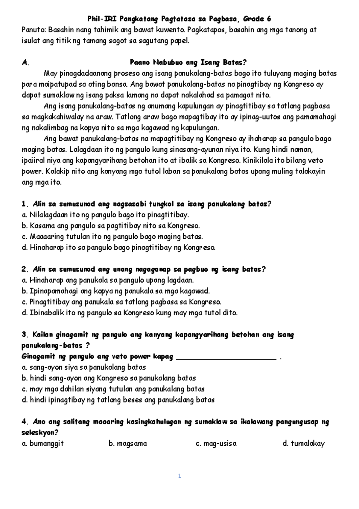 Phil-IRI Baitang 6-Pangkatang Pagtatasa sa Pagbasa - Phil-IRI ...
