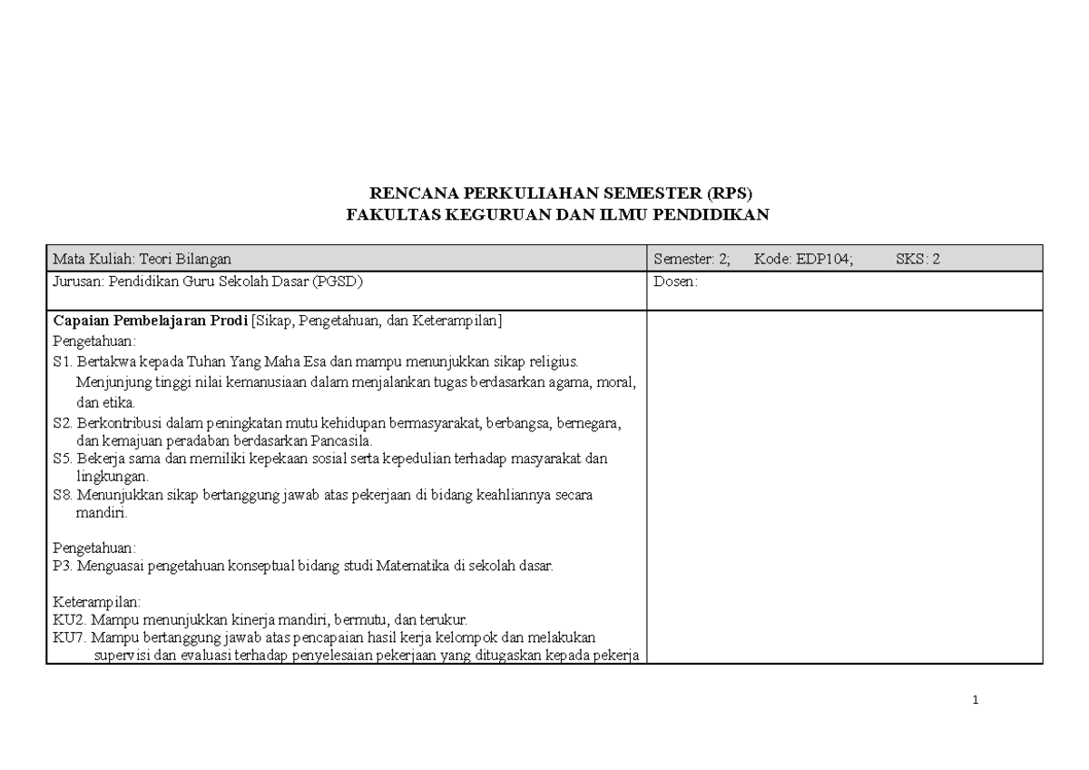 RPS Teori Bilangan PGSD - RENCANA PERKULIAHAN SEMESTER (RPS) FAKULTAS ...