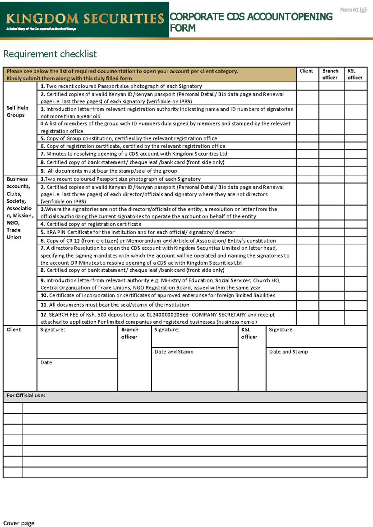 Corporate CDS Account Opening FORM - Cover page Requirement checklist ...