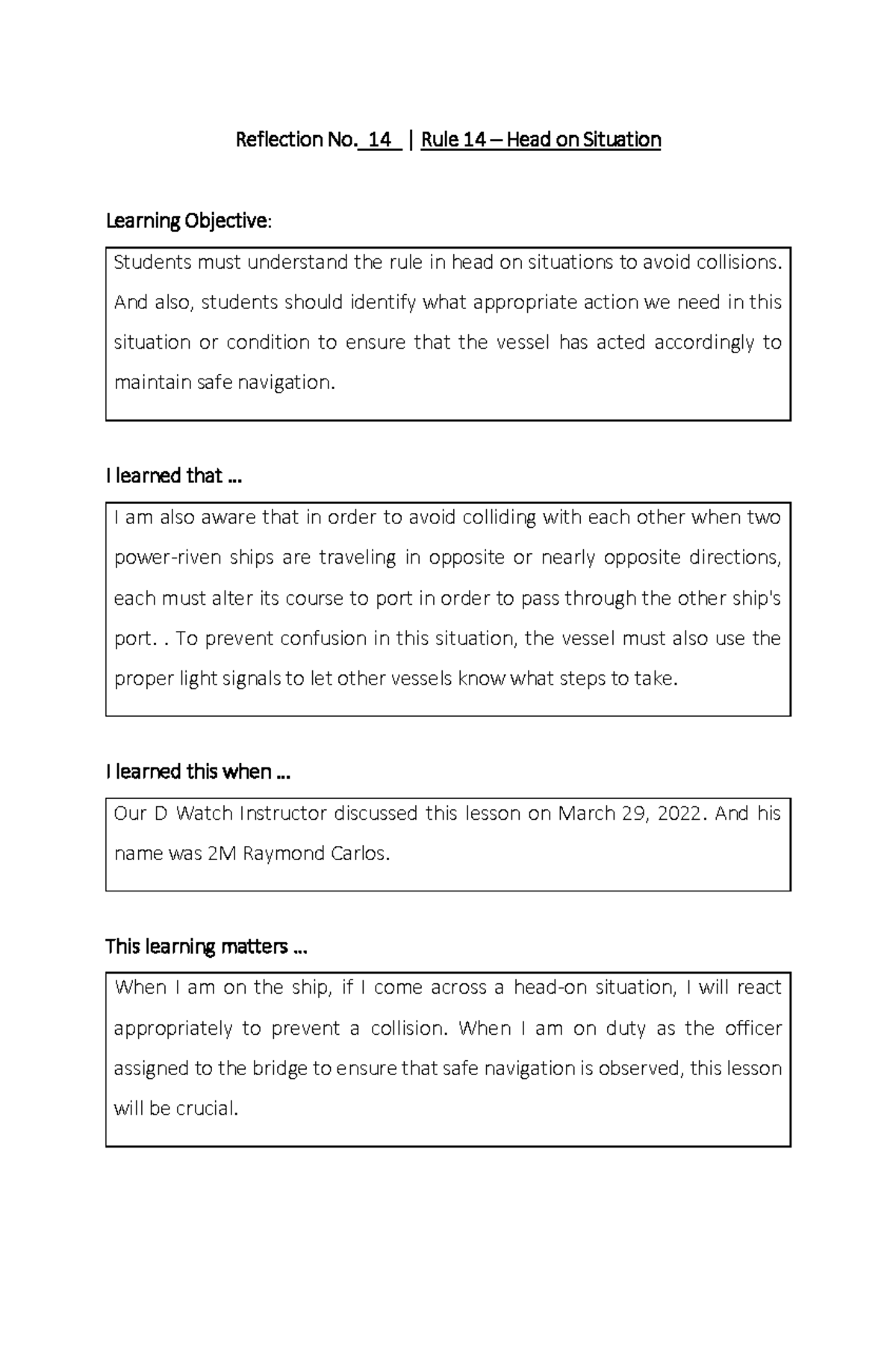 Rule 14 Reflection - Reflection No._ 14 _ | Rule 14 – Head on Situation ...