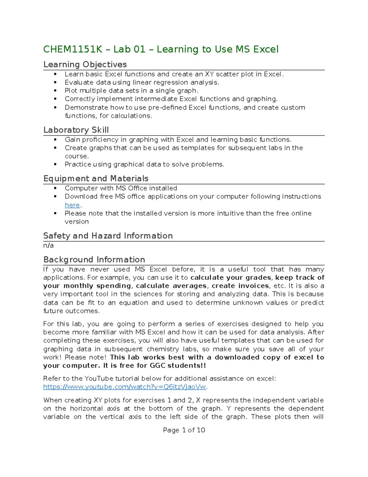 Lab-1-Learn to us MS Excel virtual - CHEM1151K – Lab 01 – Learning to Use MS Excel Learning ...