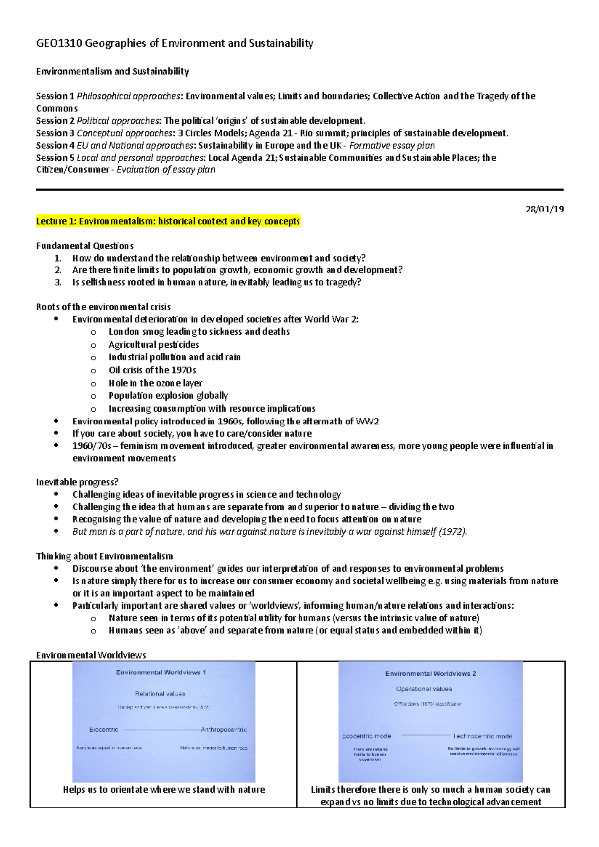 2. Environmentalism and Sustainability Lecture Notes - Environmentalism ...