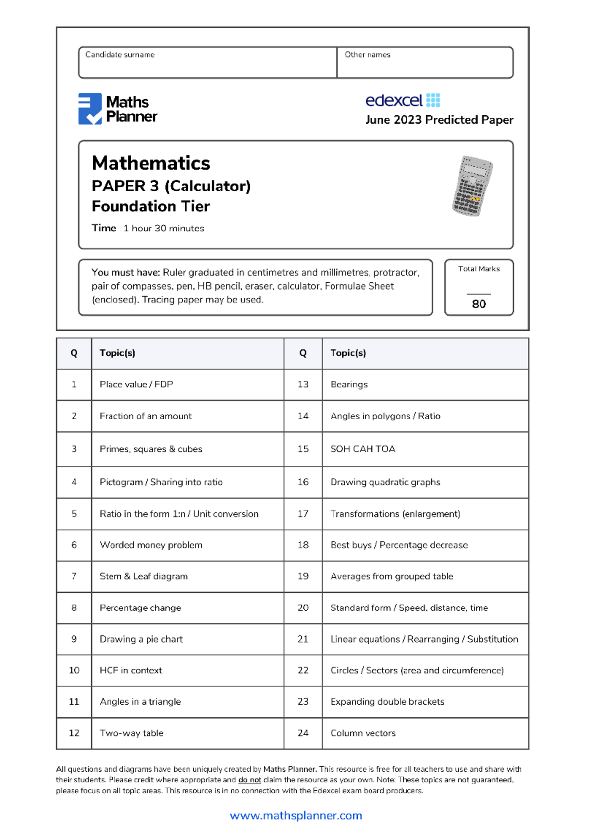 3F Edexcel June 2023 Predicted Paper Maths Planner - Studocu