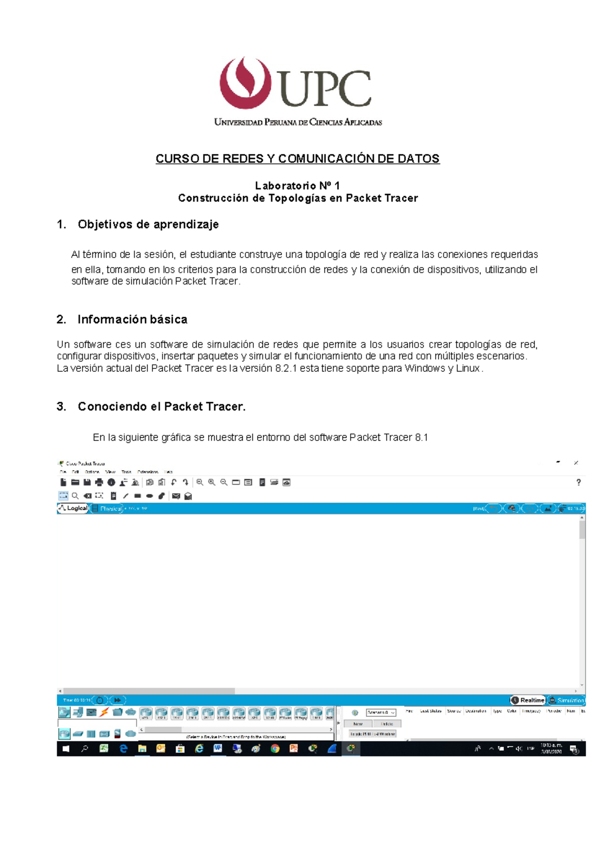 Laboratorio No 1 - Packet Tracer - G1 - CURSO DE REDES Y COMUNICACIÓN DE DATOS Laboratorio Nº 1 ...