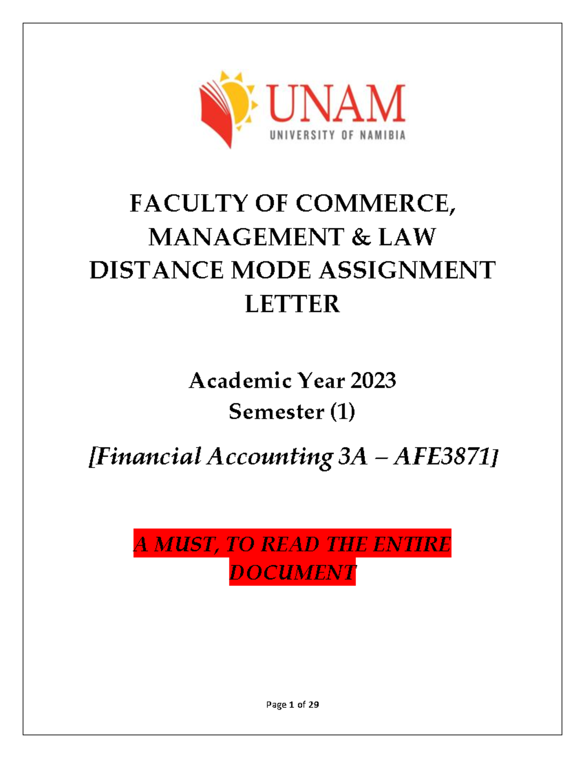 AFE3871 assignment 1 and 2 2023 - FACULTY OF COMMERCE, MANAGEMENT & LAW ...