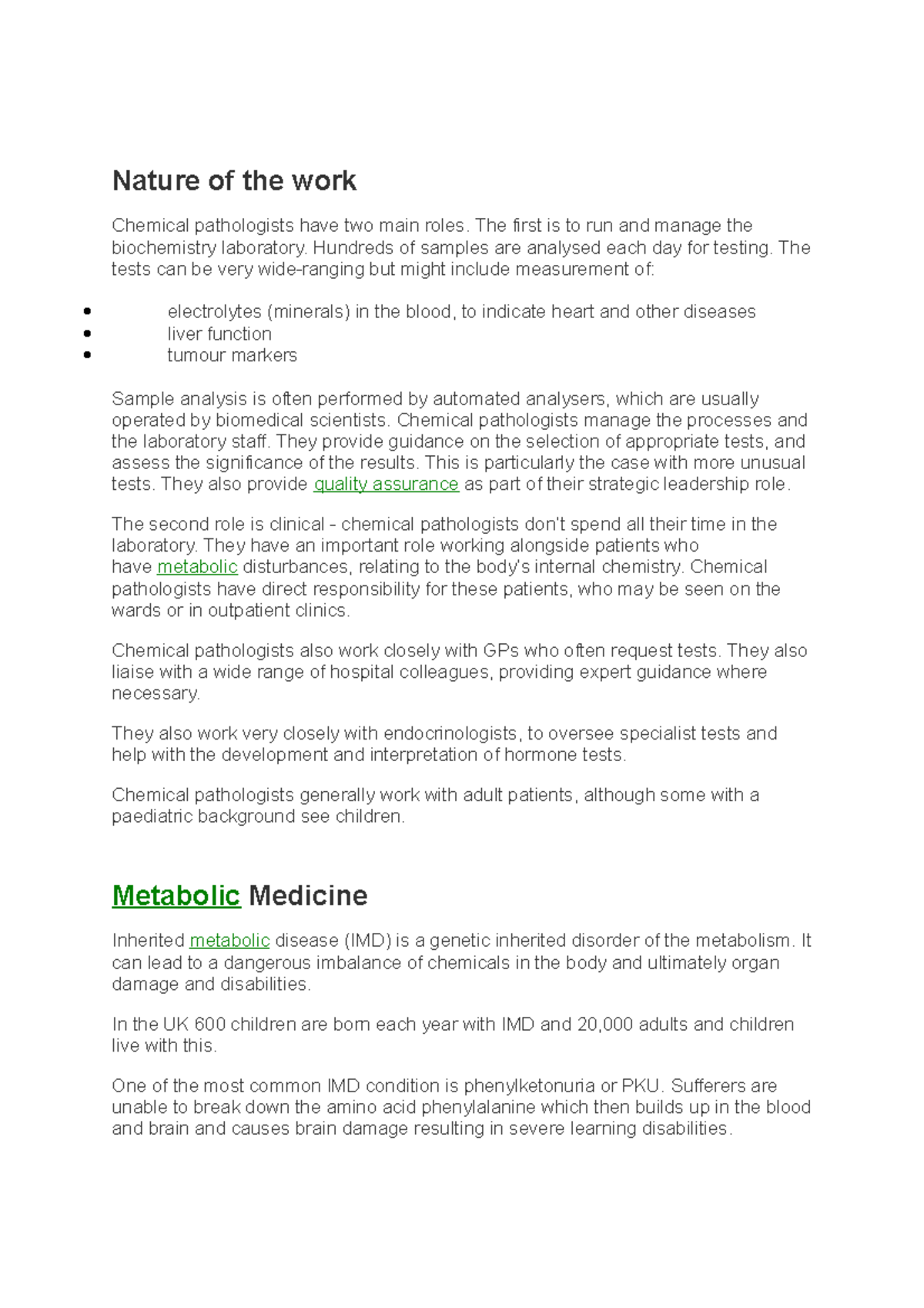 New Microsoft Word Document - Nature of the work Chemical pathologists ...