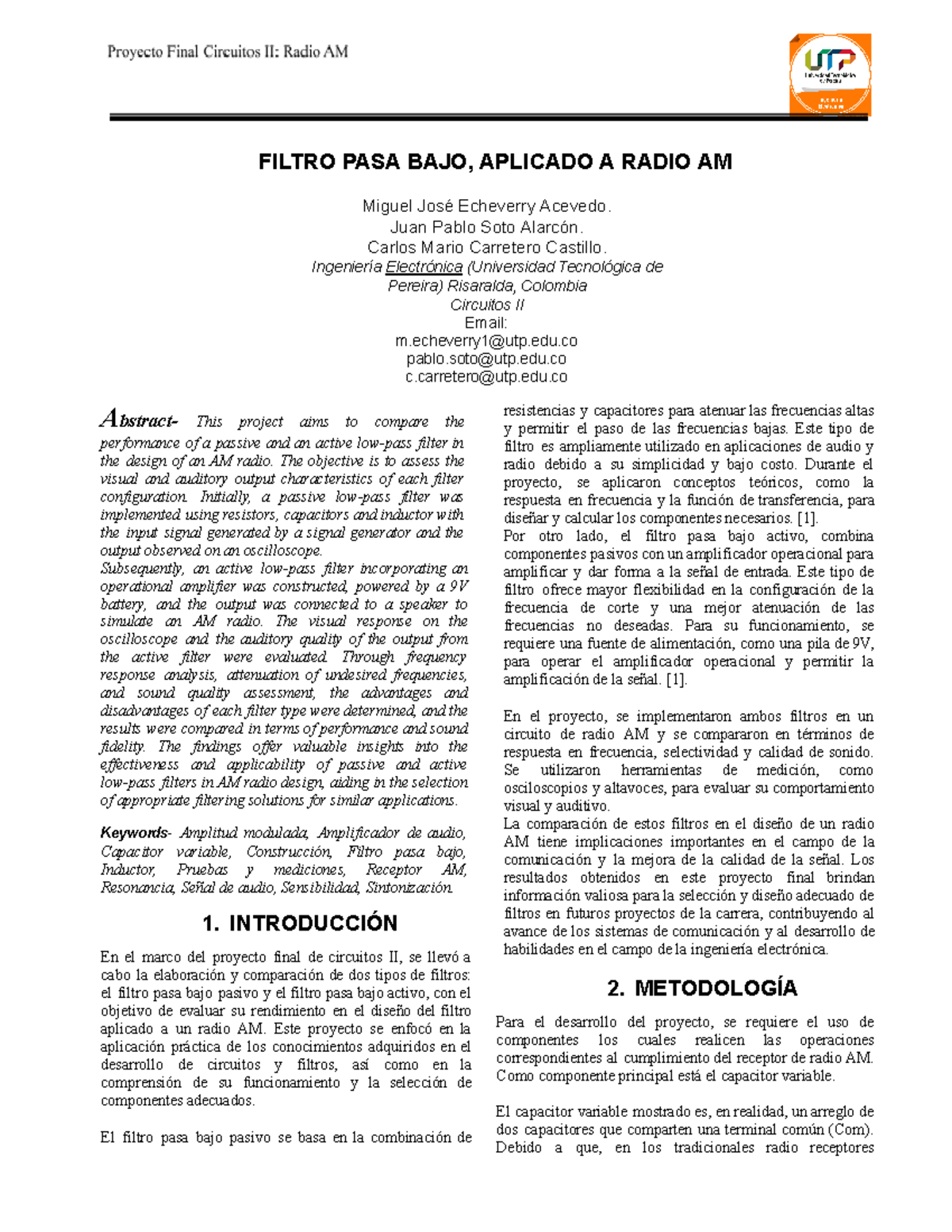 Informe Proyecto Final Circuitos 2 Filtro Pasa Bajo Aplicado A