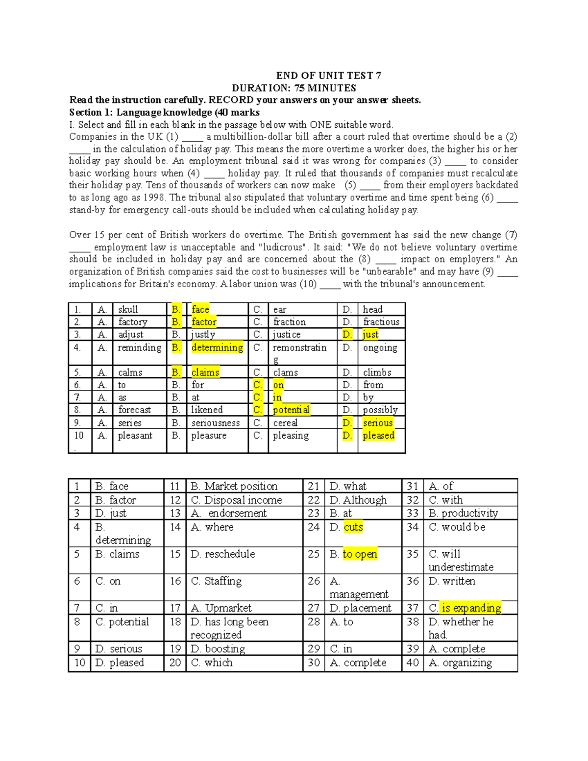 END OF UNIT TEST 7 - đại cương - END OF UNIT TEST 7 DURATION: 75 ...