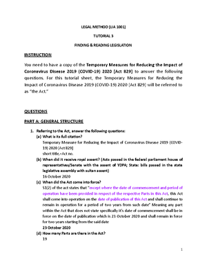 Tutorial 1 Introduction and Classification - LEGAL METHOD (LIA 1001) TUTORIAL 1 INTRODUCTION ...