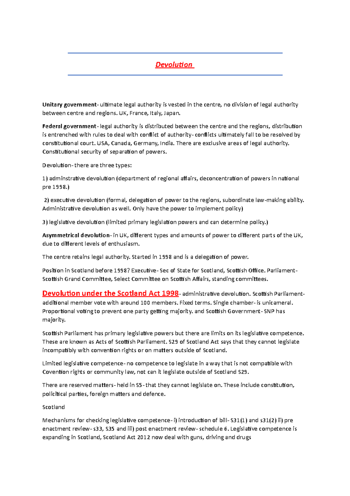 Devolution Notes Devolution Unitary Government Ultimate Legal Authority Is Vested In The