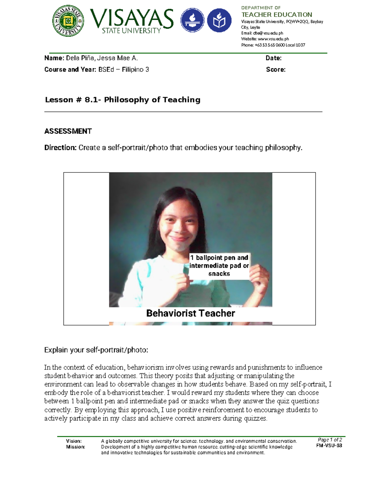 Module 8- lesson 8 - DEP ARTM ENT OF TEACHER EDUCATION Visayas State University, PQWV+2QQ ...