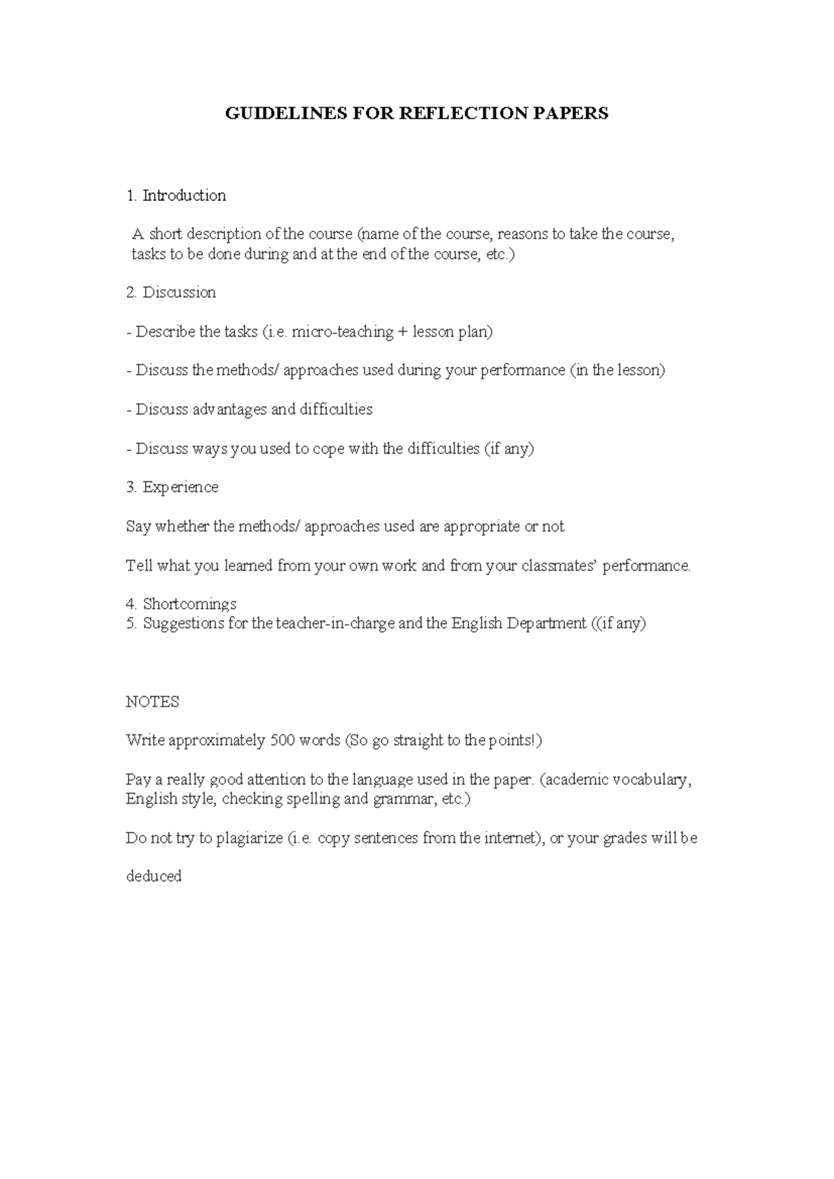 Guidelines for reflection paper - GUIDELINES FOR REFLECTION PAPERS ...