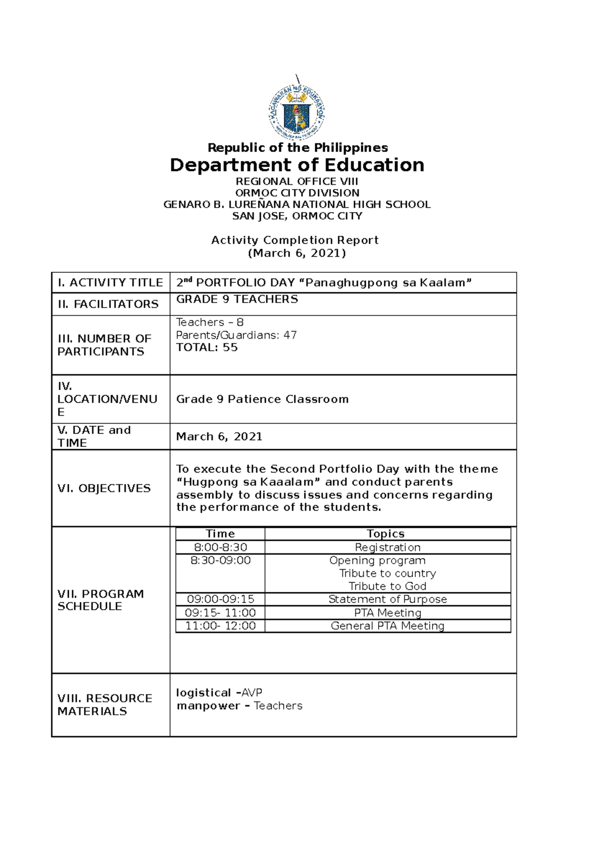 ACR- Oplan Balik Eskwela - \ Republic of the Philippines Department of ...